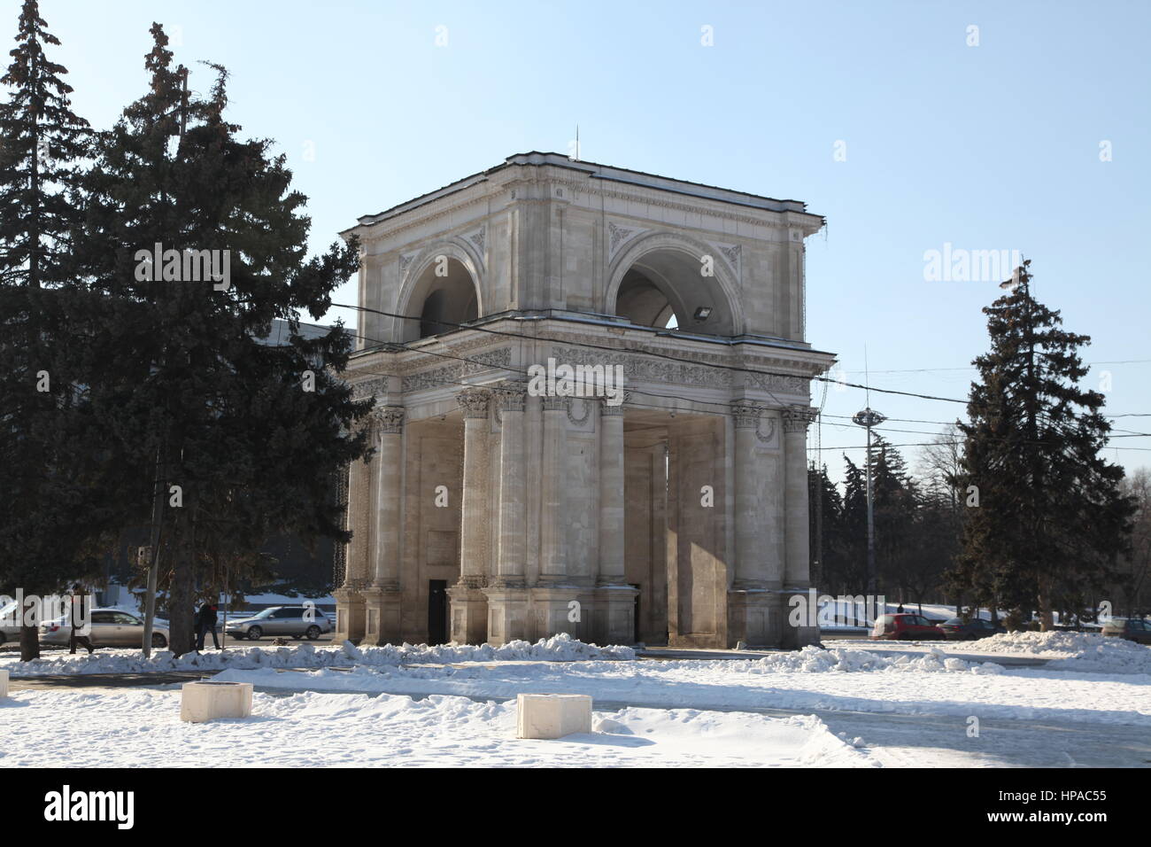 Moldova. Chisinau. Arc de Triomphe (Arch of Victory) and the cathedral ...
