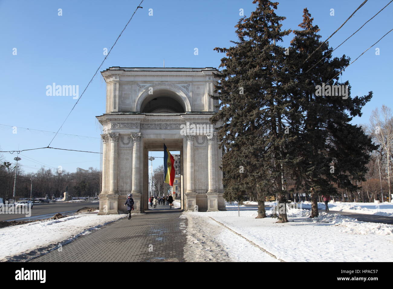Moldova. Chisinau. Arc de Triomphe (Arch of Victory) and the cathedral ...