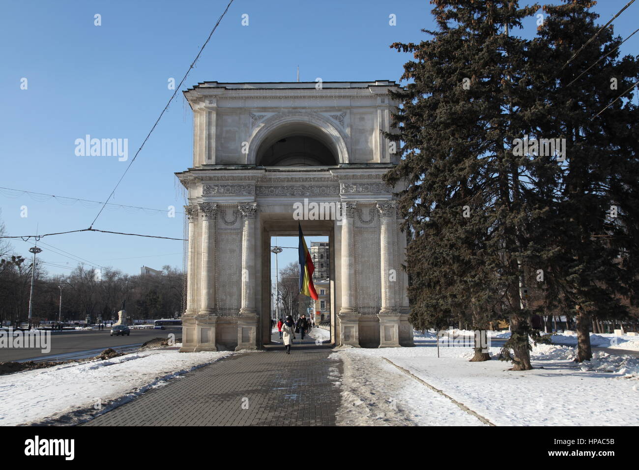 Moldova. Chisinau. Arc de Triomphe (Arch of Victory) and the cathedral ...