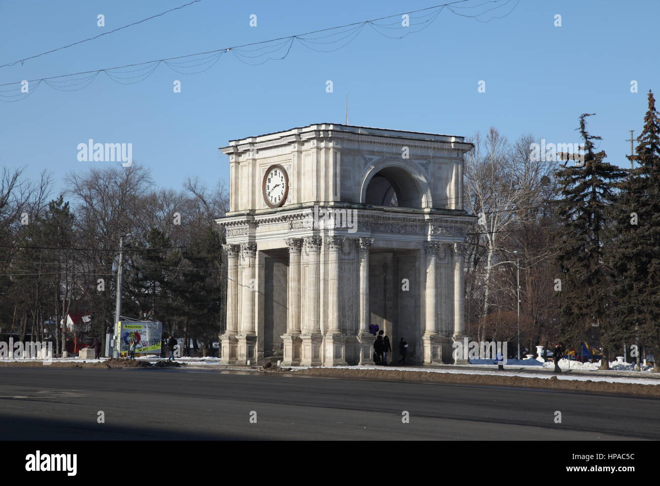 Moldova. Chisinau. Arc de Triomphe (Arch of Victory) and the cathedral ...