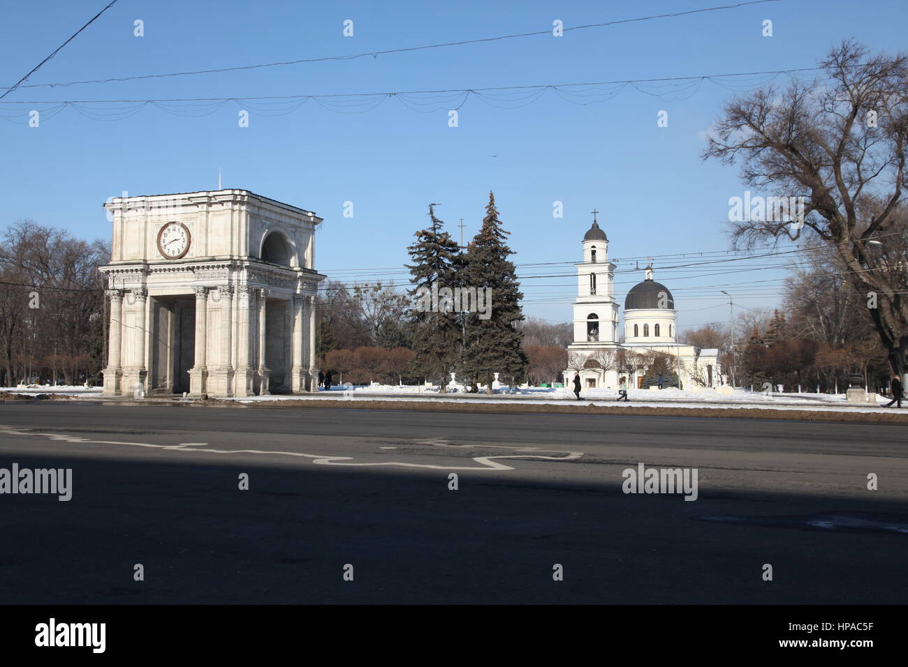 Moldova. Chisinau. Arc de Triomphe (Arch of Victory) and the cathedral ...