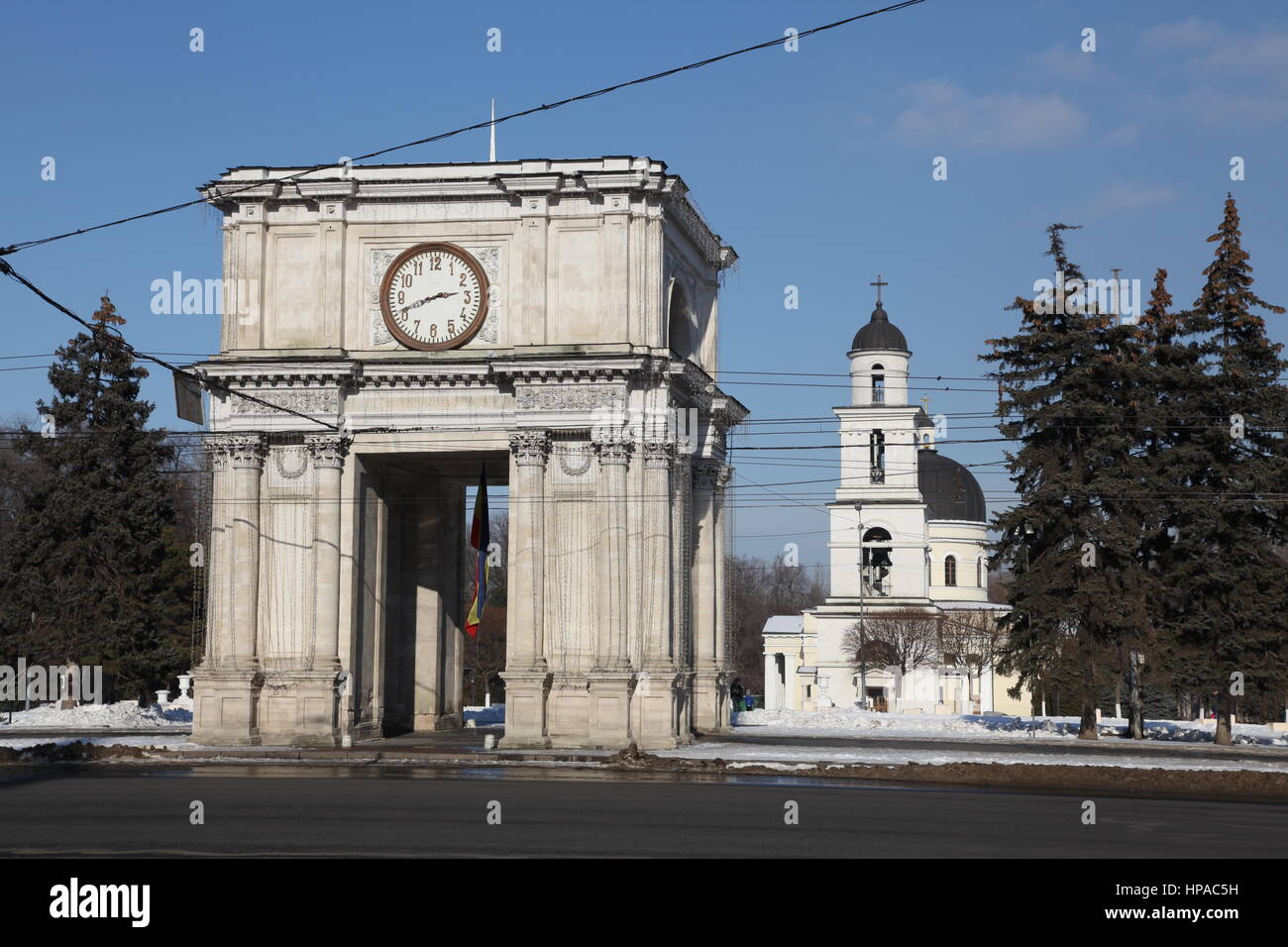 Moldova. Chisinau. Arc de Triomphe (Arch of Victory) and the cathedral ...