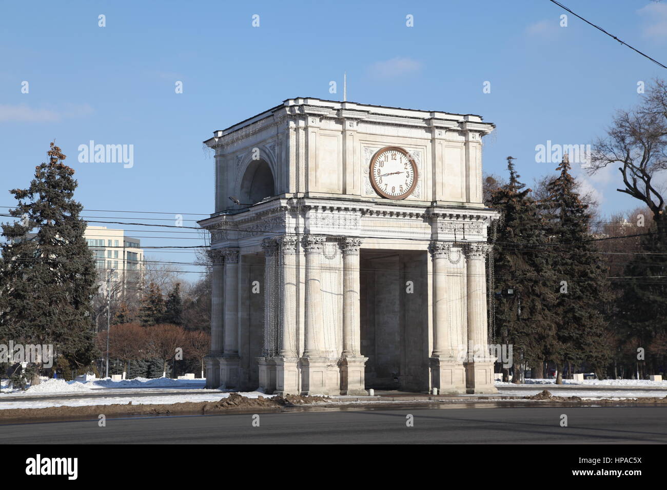 Moldova. Chisinau. Arc de Triomphe (Arch of Victory) and the cathedral ...