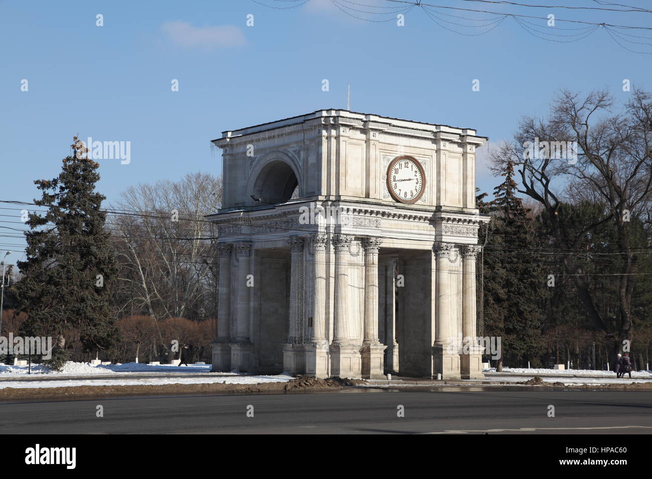 Moldova. Chisinau. Arc de Triomphe (Arch of Victory) and the cathedral ...