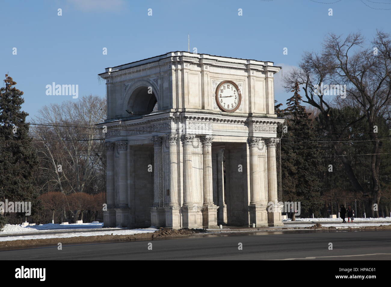 Moldova. Chisinau. Arc de Triomphe (Arch of Victory) and the cathedral ...