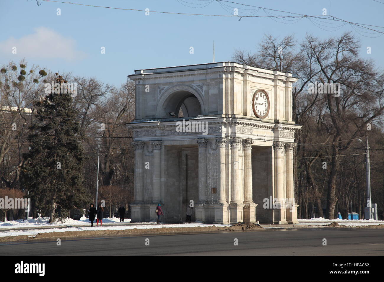 Moldova. Chisinau. Arc de Triomphe (Arch of Victory) and the cathedral ...