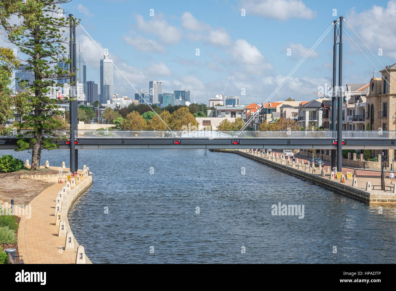 Pedestrian bridge across Swan river small harbour in East Perth suburb ...