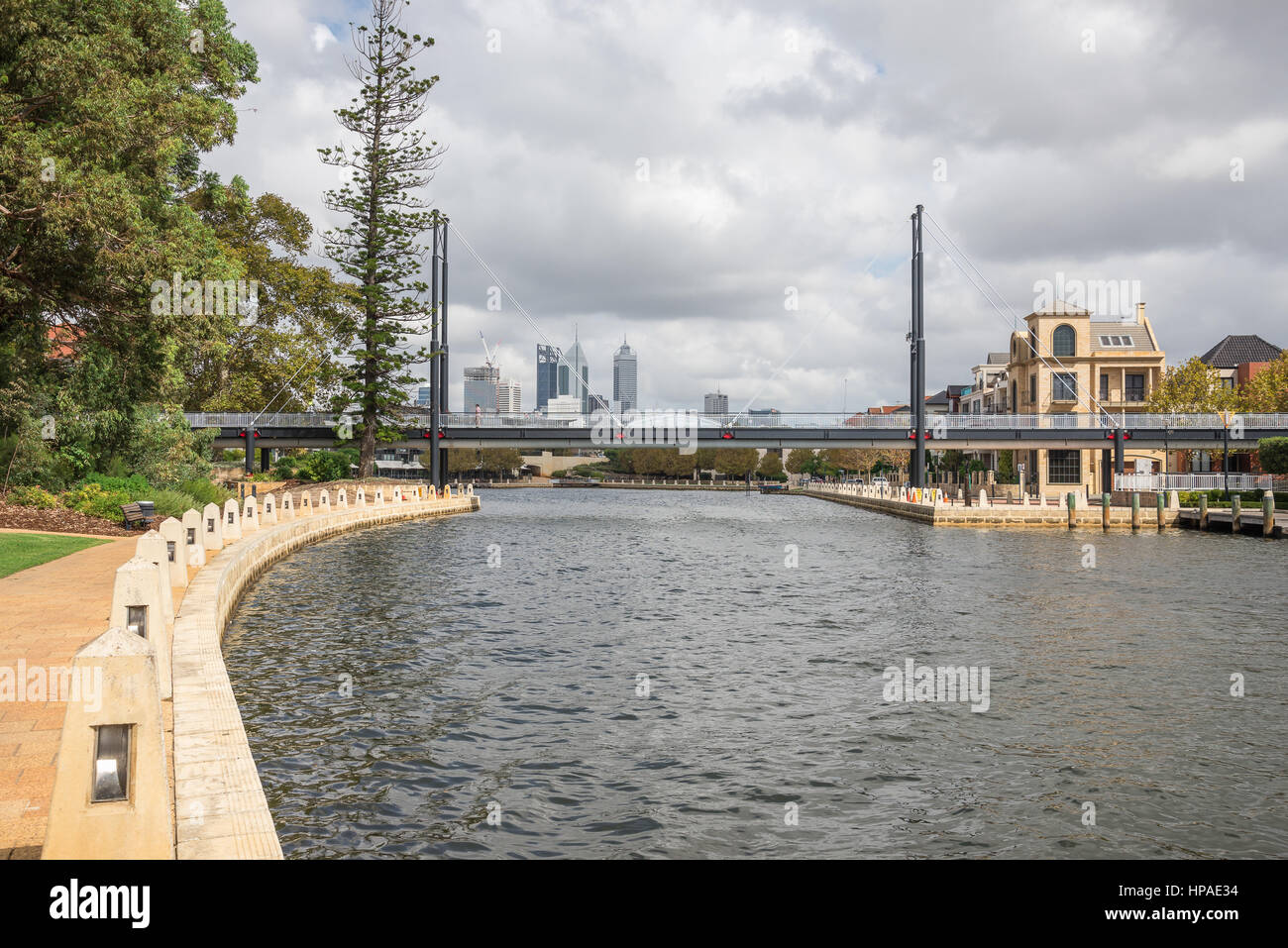 Pedestrian bridge across Swan river small harbour in East Perth suburb ...