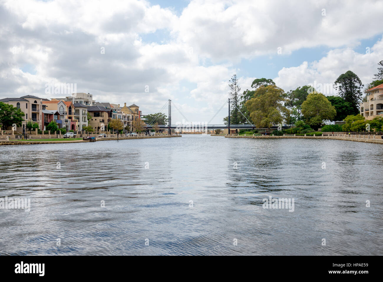 Pedestrian bridge and a small harbour in East Perth suburb, Western ...