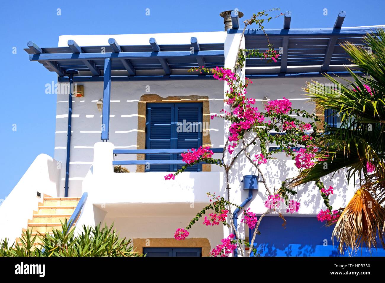 Pretty villa terrace with Bougainvillea, Makrigialos, Crete, Greece ...
