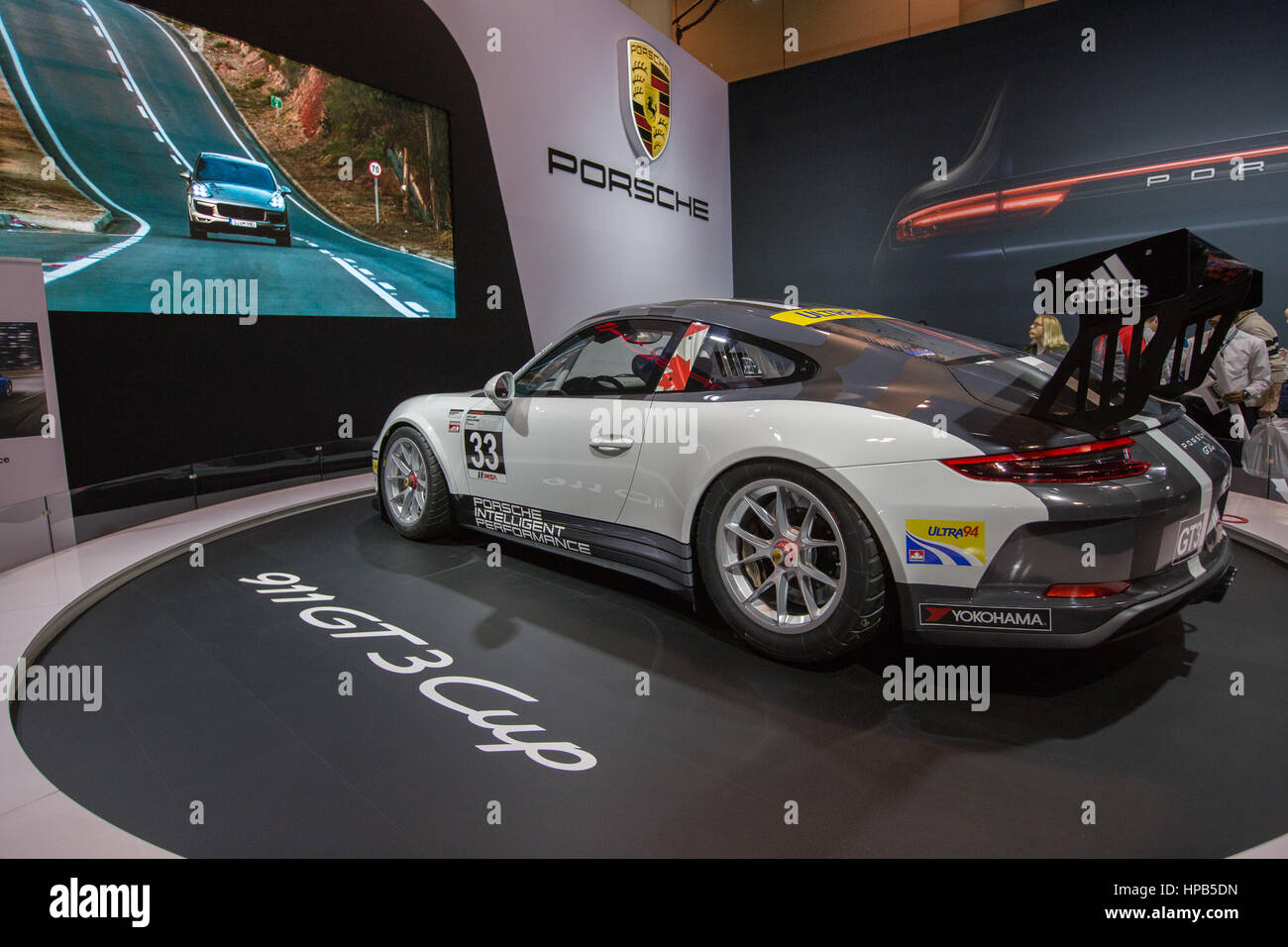 Porsche 911 gt3 cup sports car on a rotating display in Toronto auto ...