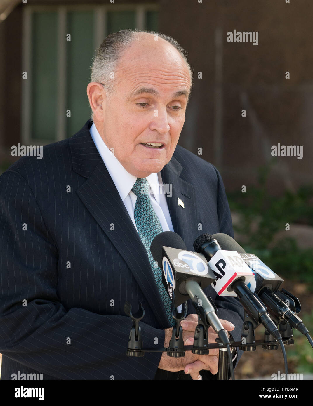 Former New York City Mayor Rudy Giuliani talks to reporters at the Los ...