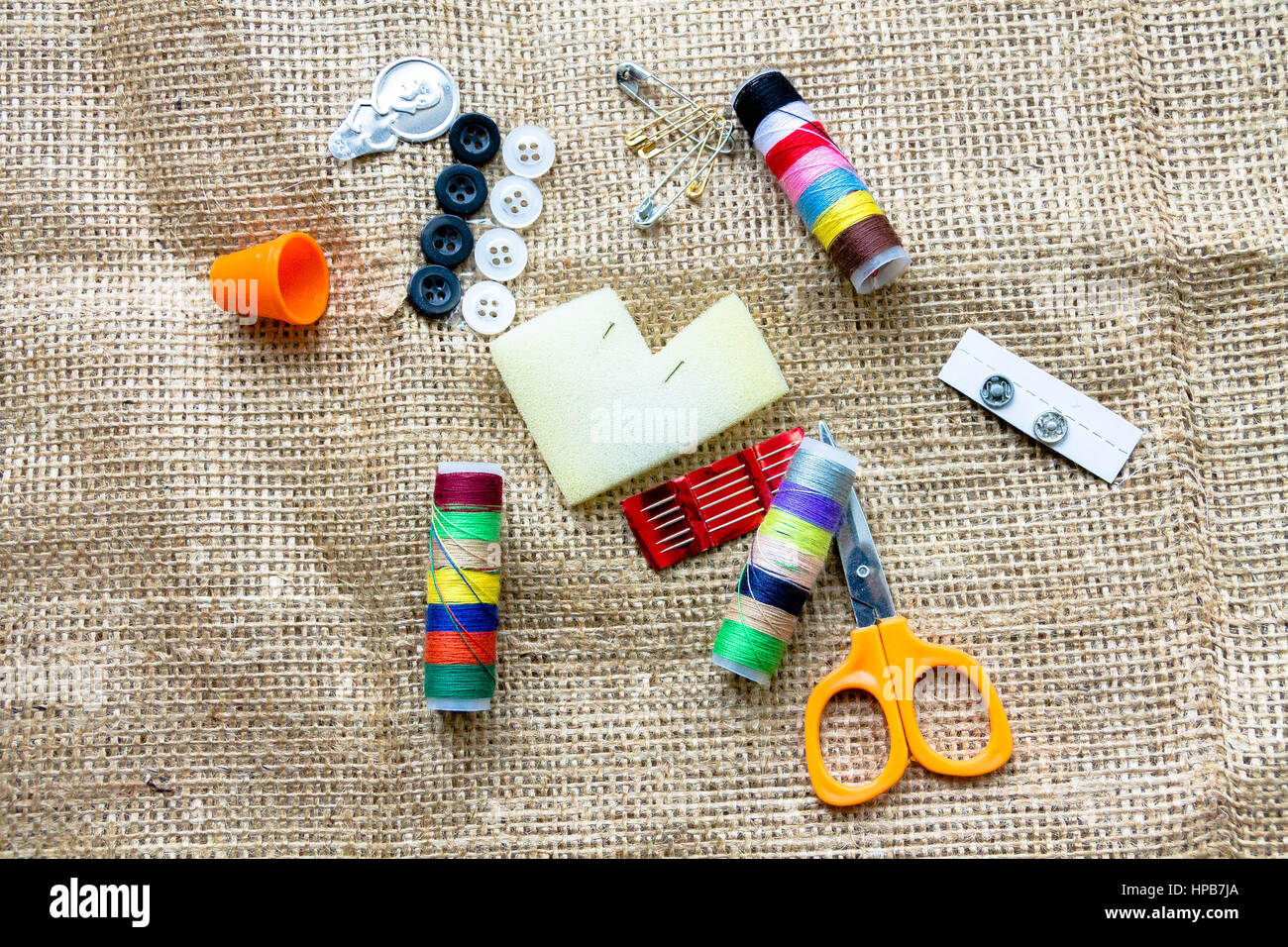 Set of tools for tailor. Sewing kit thread Stock Photo - Alamy