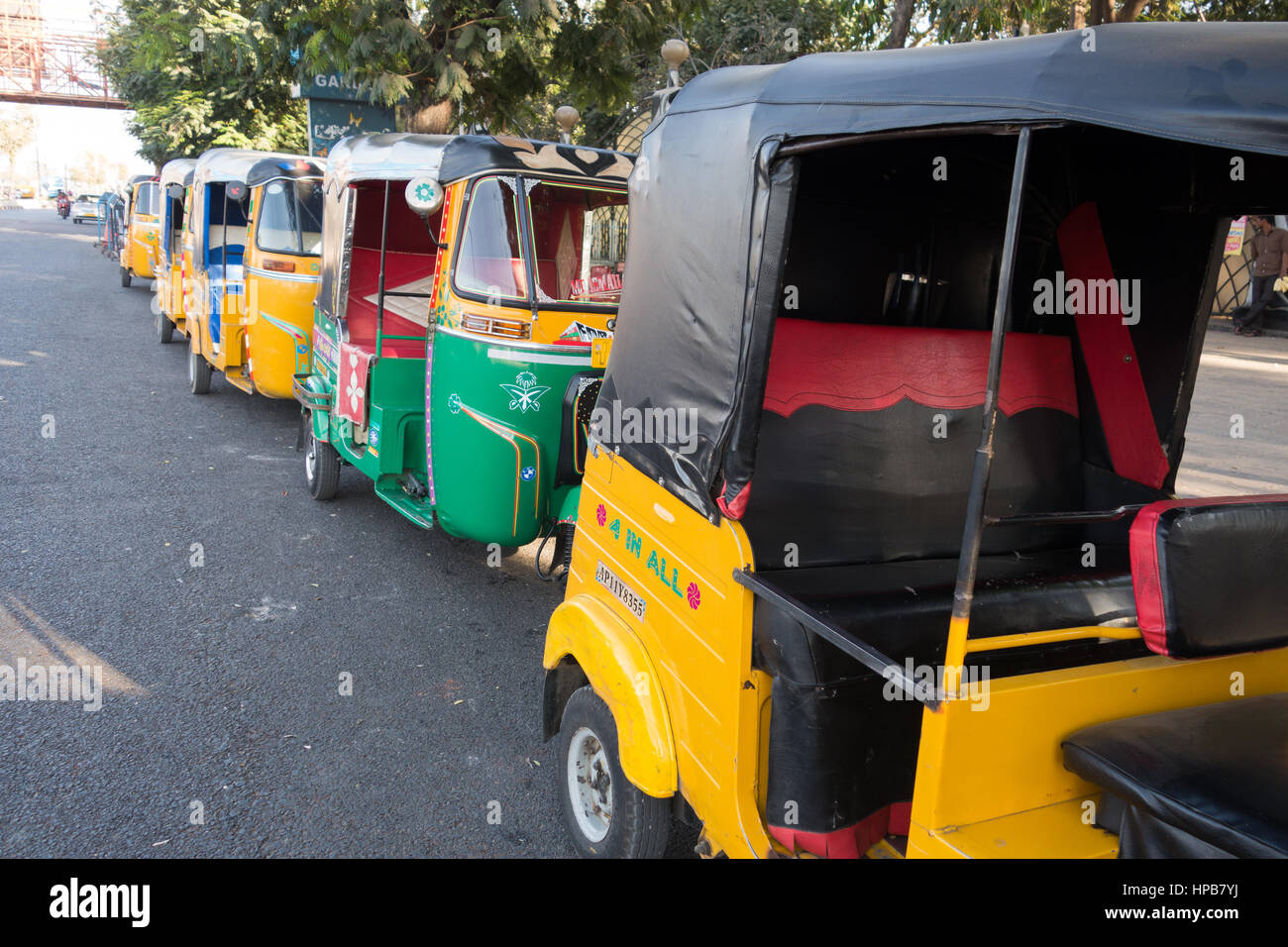 HYDERABAD, INDIA - FEBRUARY 20,2017 Colorful Indian auto-rickshaws ...