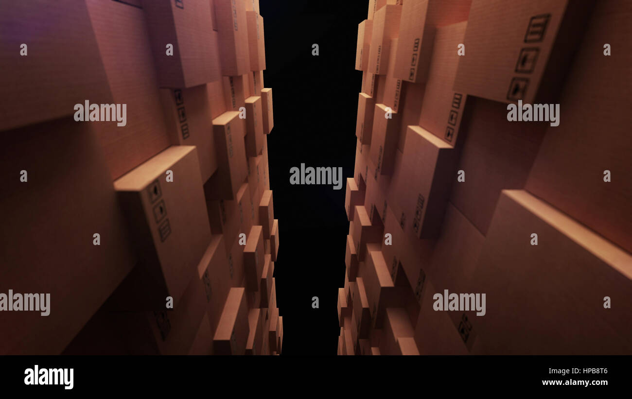 3d rendering of high stack arrangement of cardboard boxes in a store ...