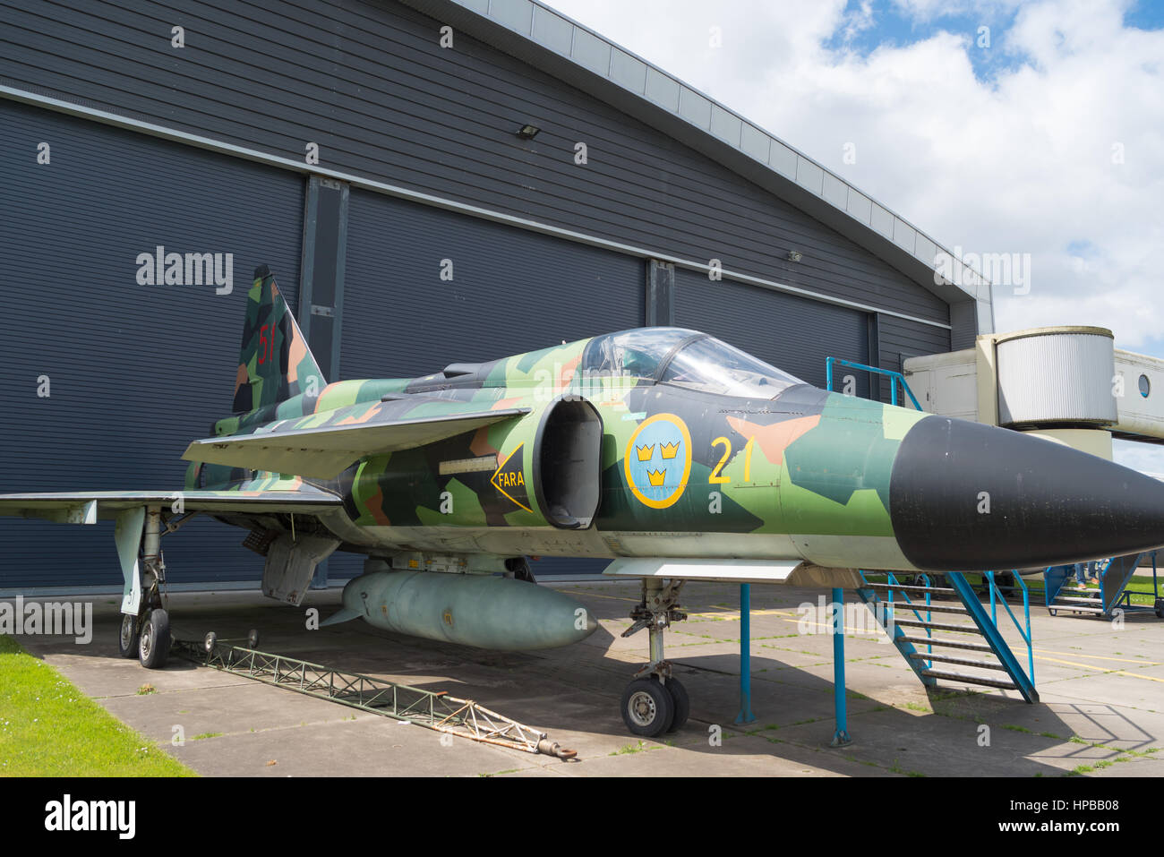 LELYSTAD, NETHERLANDS - MAY 15, 2016: Saab 37 viggen jet outside a ...