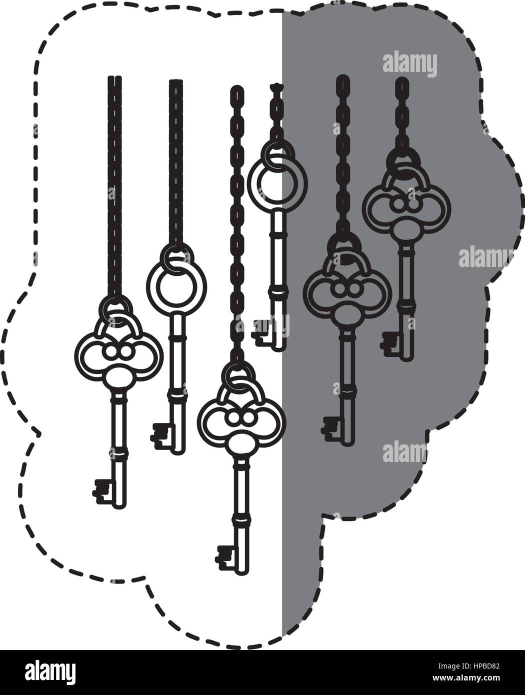 monochrome contour sticker with vintage keys hanging on chains Stock ...