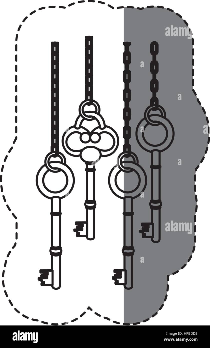 monochrome contour sticker with pattern with vintage keys hanging on ...