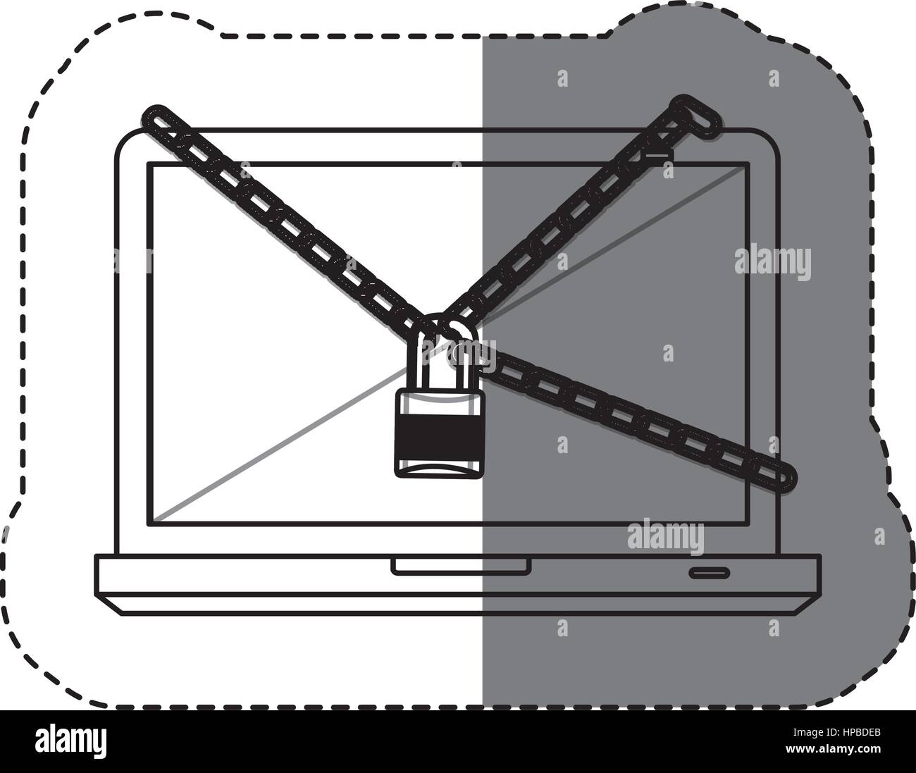 monochrome contour sticker with laptop with chains and padlock Stock ...