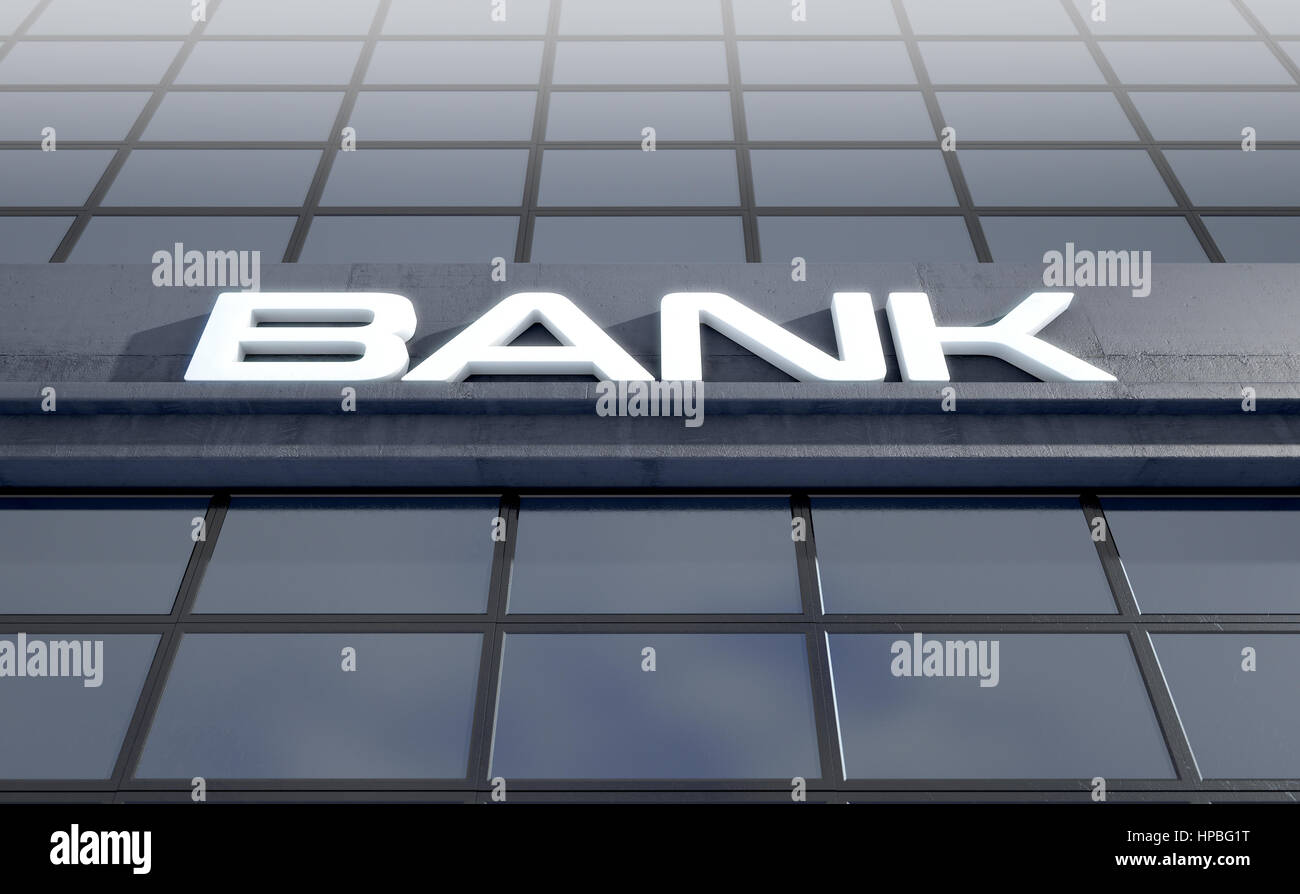 Banking light box signage above the entrance to a modern glass bank ...