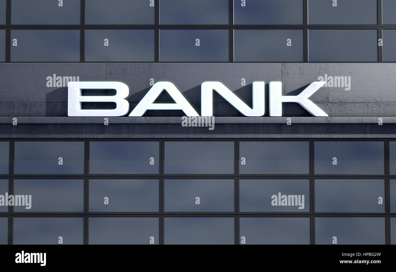 Banking light box signage above the entrance to a modern glass bank ...