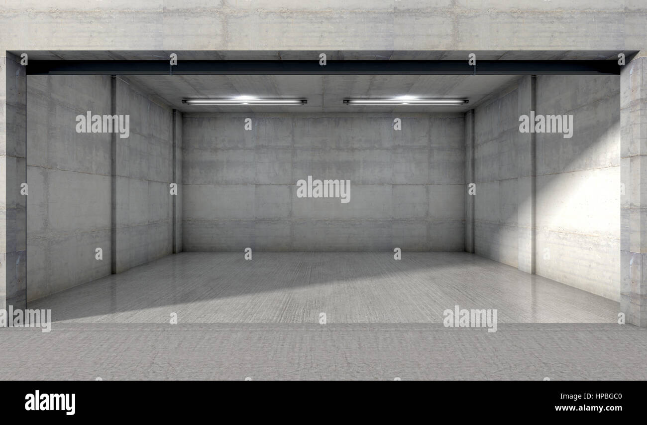 A look inside the interior of an empty double garage made out of ...