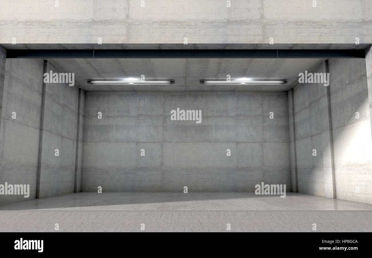 A look inside the interior of an empty double garage made out of ...