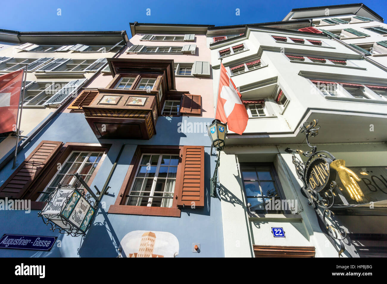 Augustinergasse, facades, swiss flag, alley, old city center, Zurich ...