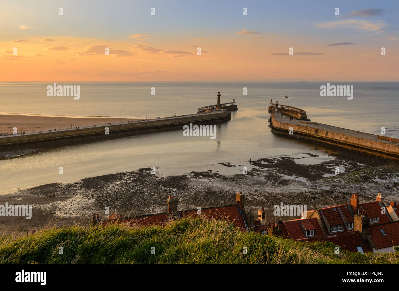 Whitby harbour viewed from the East Cliff at sunset Stock Photo - Alamy