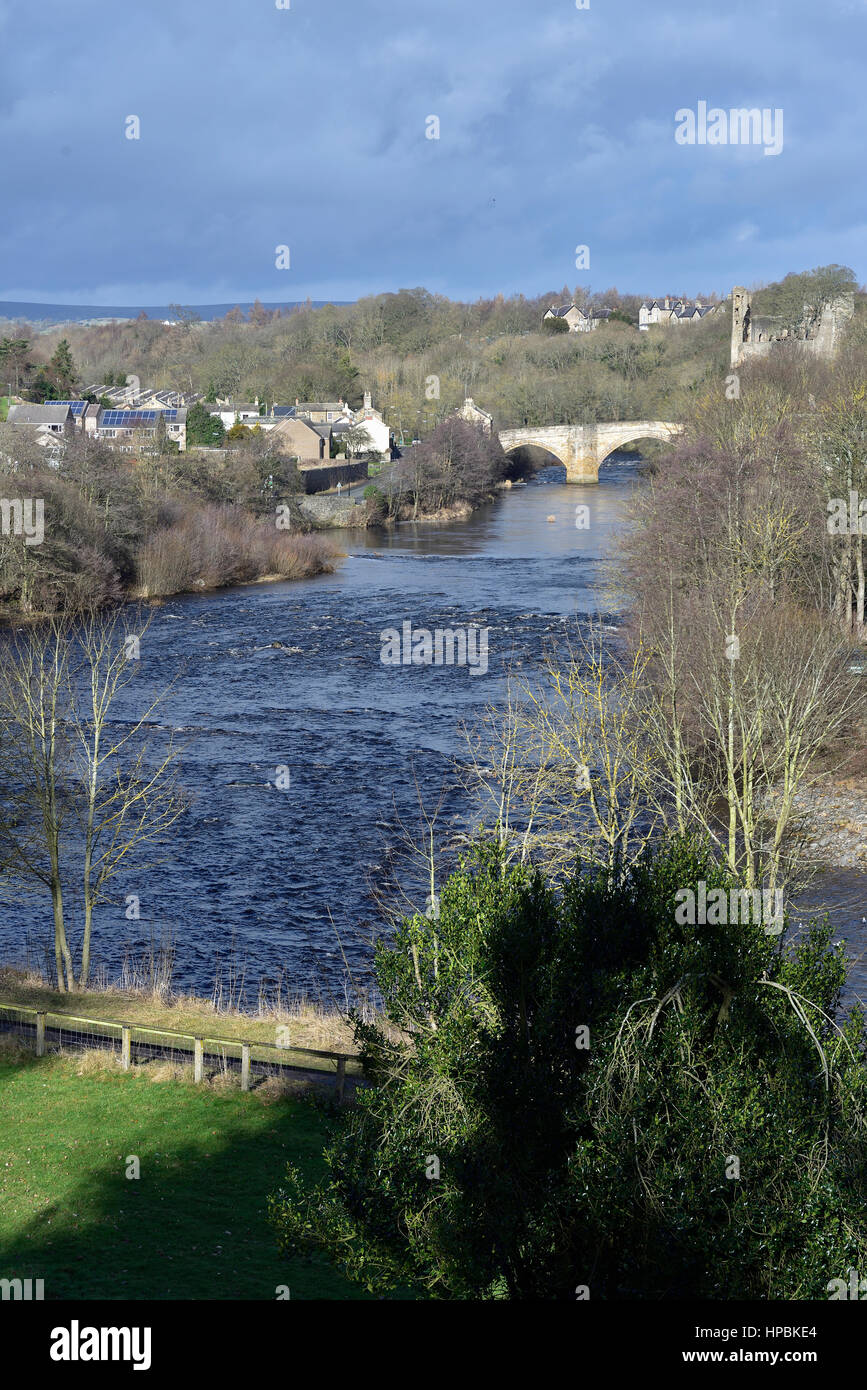 River Tees at Barnard Castle, County Durham, looking towards the road ...