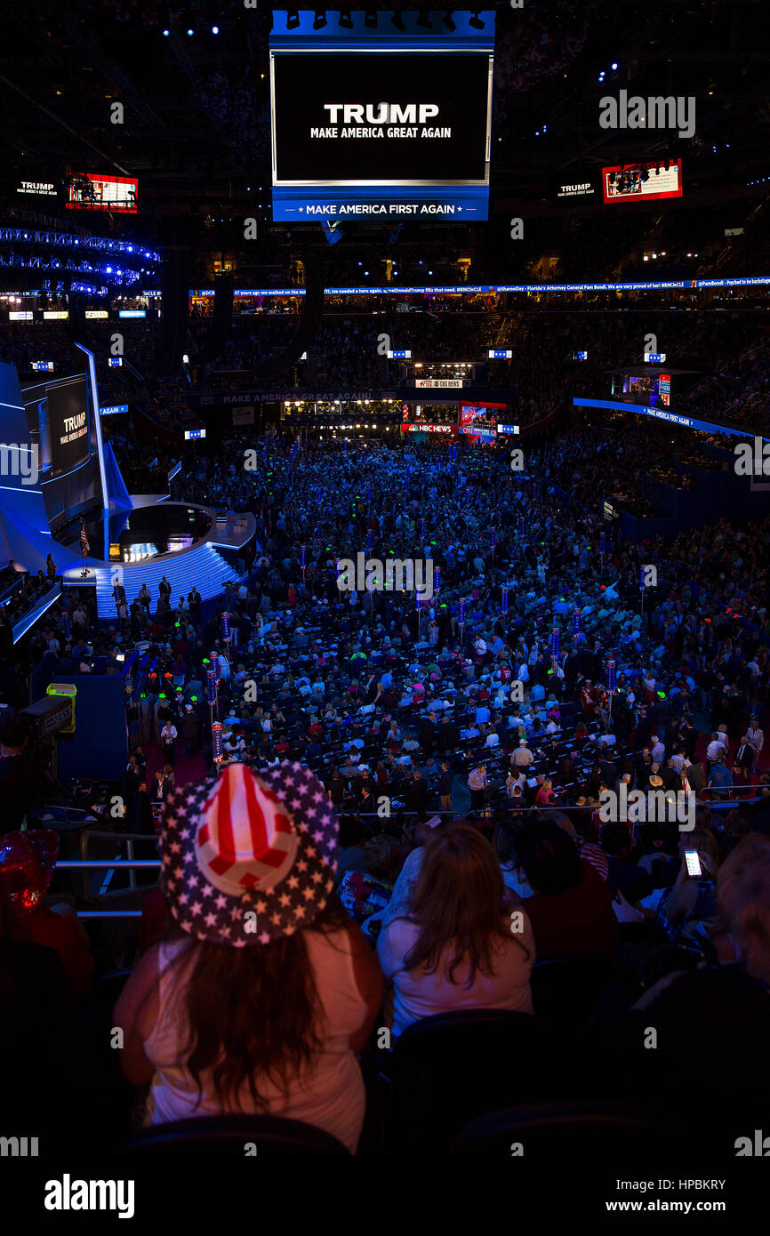 A woman wears a star-spangled cowboy hat inside the Republican National ...
