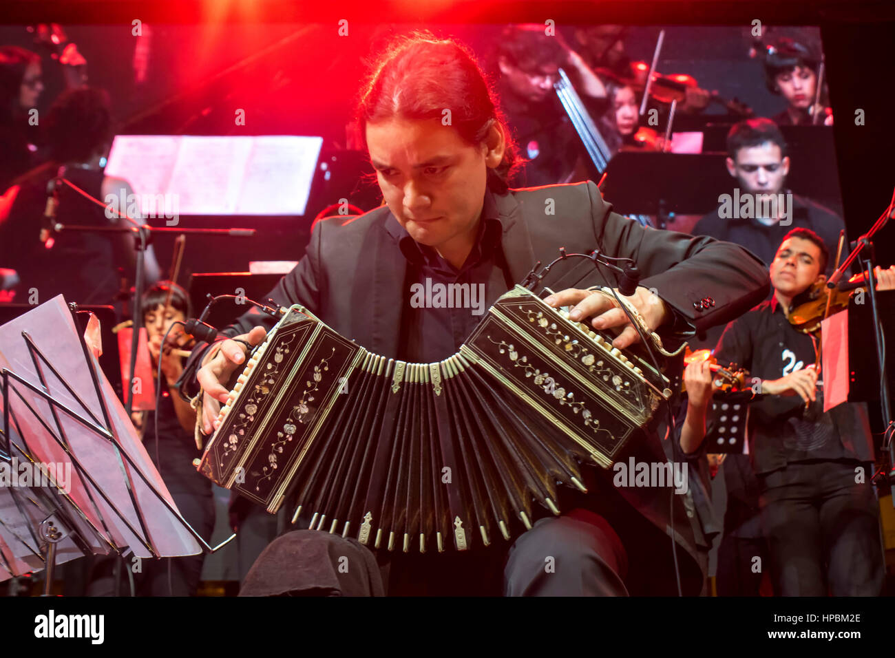 Young man playing the bandoneon in milonga, party where you only dance ...
