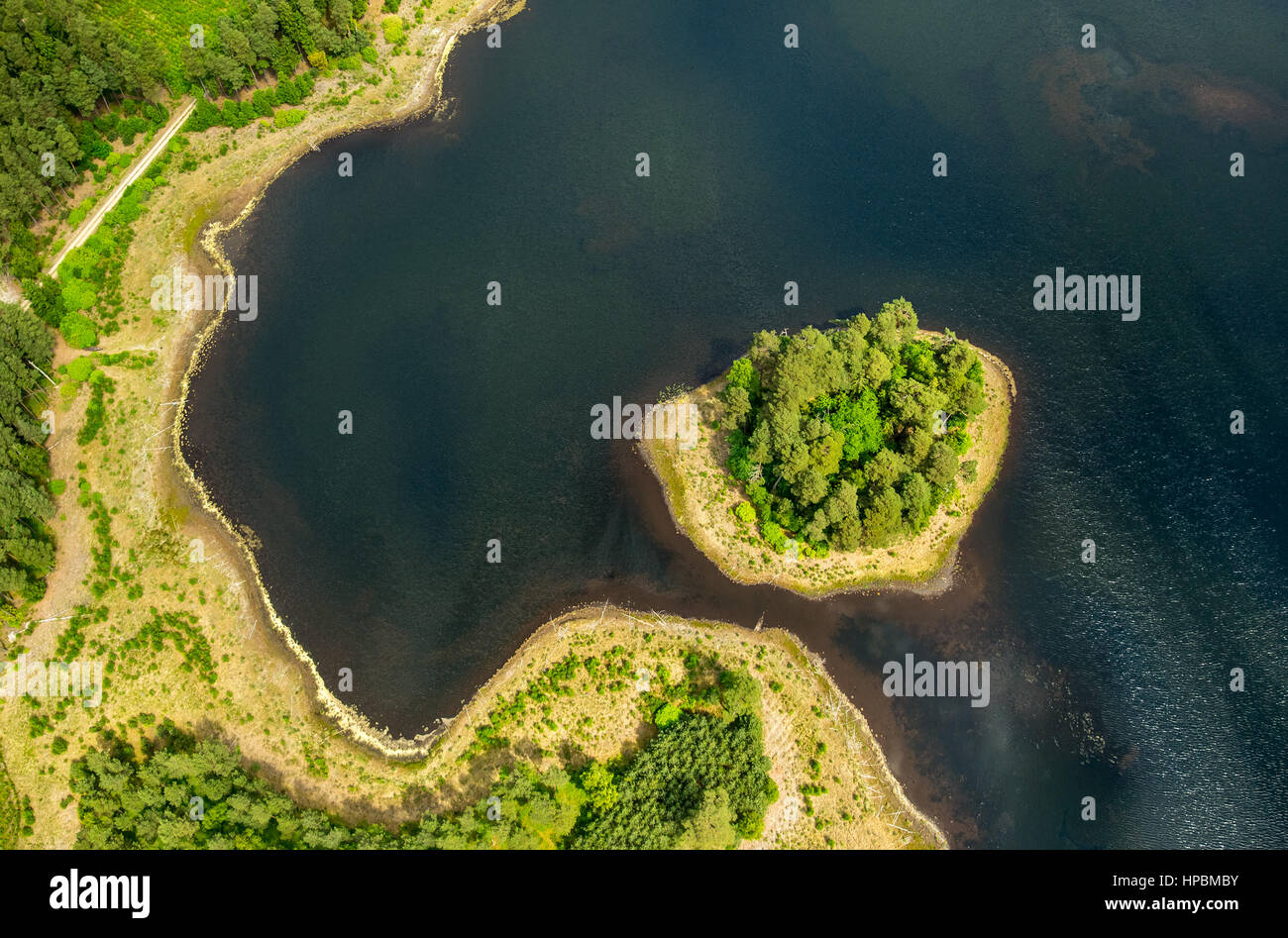 Lake landscape, Pomerania, reflection in water, wooded island, Leśnice ...