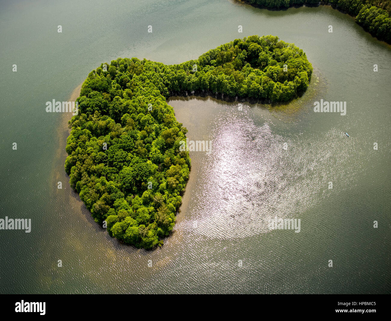 Lake landscape, Pomerania, reflection in water, wooded island, Leśnice ...