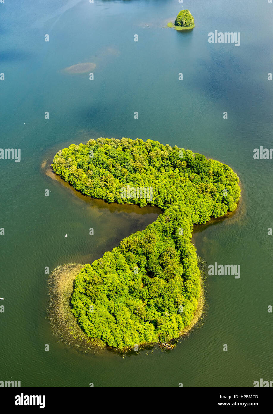 Lake landscape, Pomerania, reflection in water, wooded island, Leśnice ...