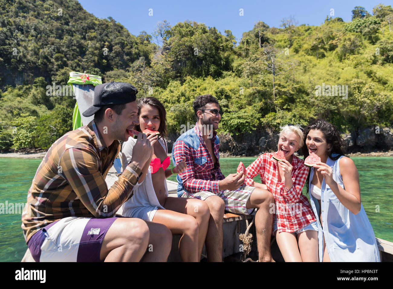 Young People Group Boating Summer Vacation, Happy Smiling Friends ...