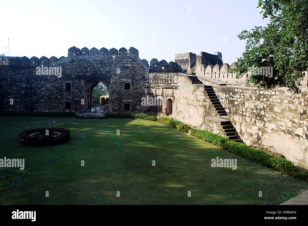 View of steps, wall and gate from inside of fort at Jhansi in Uttar ...