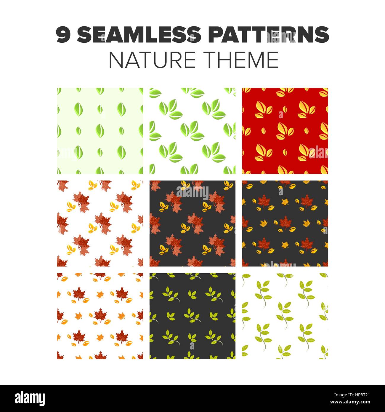 Nature Seamless patterns set with nine drawings with leaves Stock ...