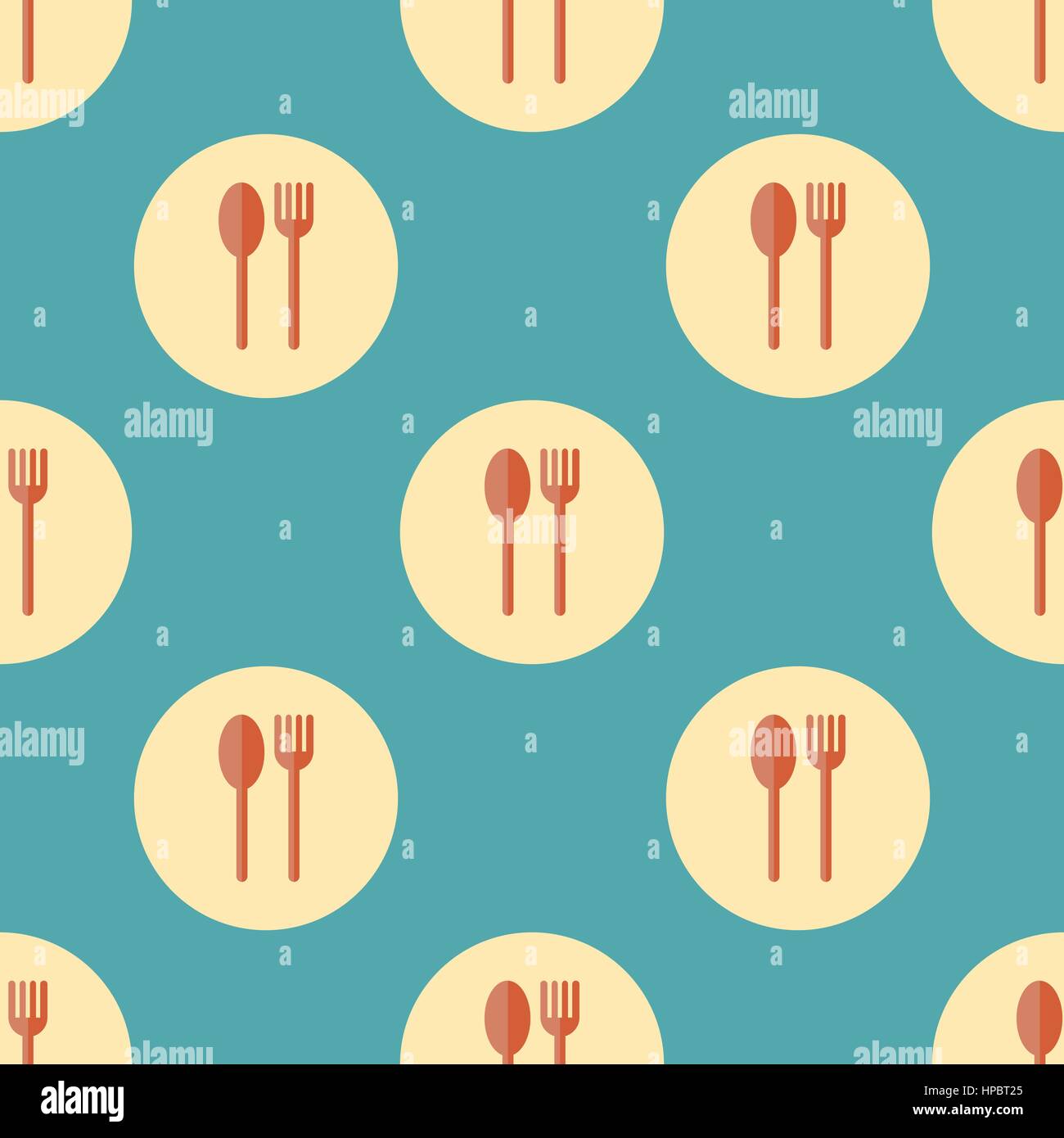 Spoon and fork seamless pattern in circles on turquoise background ...