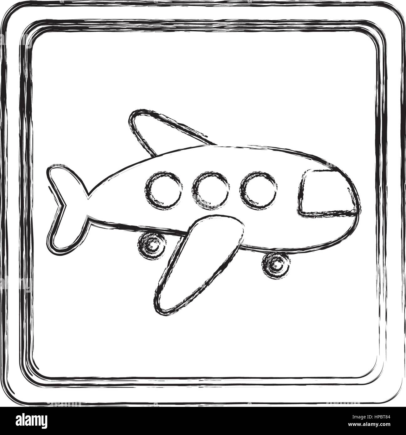 monochrome contour hand drawing of square button cartoon jet airplane ...