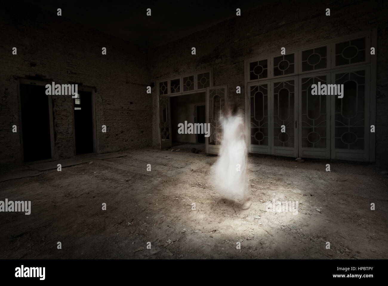 Horror ghost girl appears in an old building. Creepy movie scene Stock ...