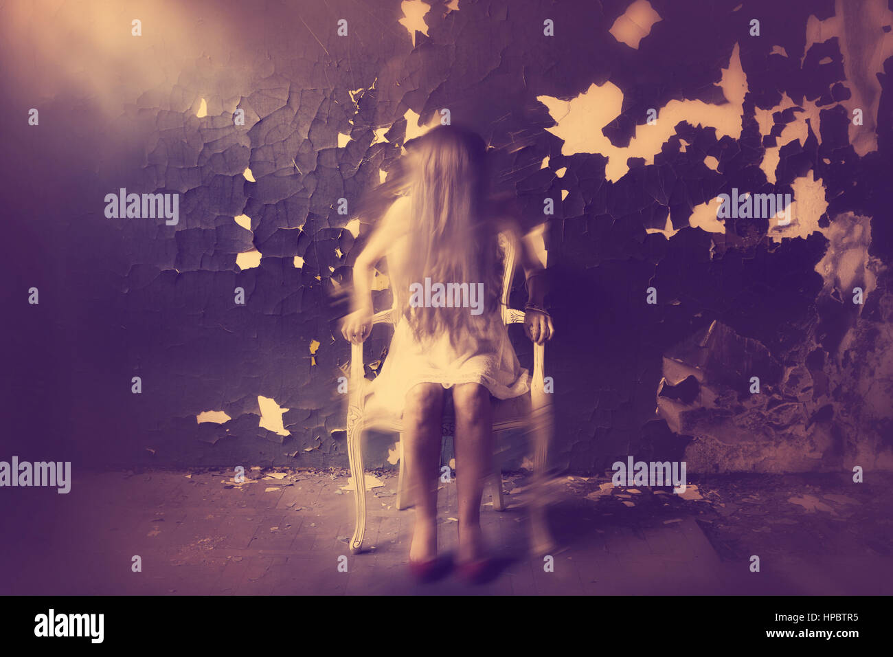 Horror ghost girl appears in an old building. Creepy movie scene Stock ...