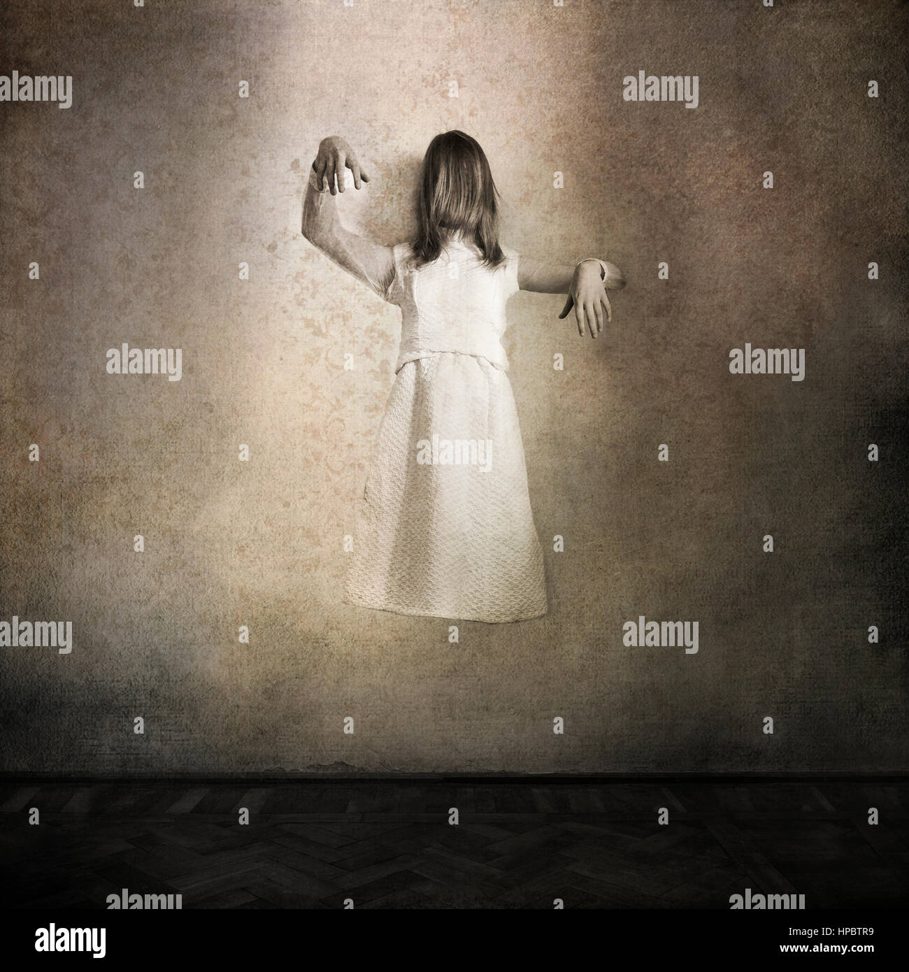 Horror ghost girl appears in an old building. Creepy movie scene Stock ...