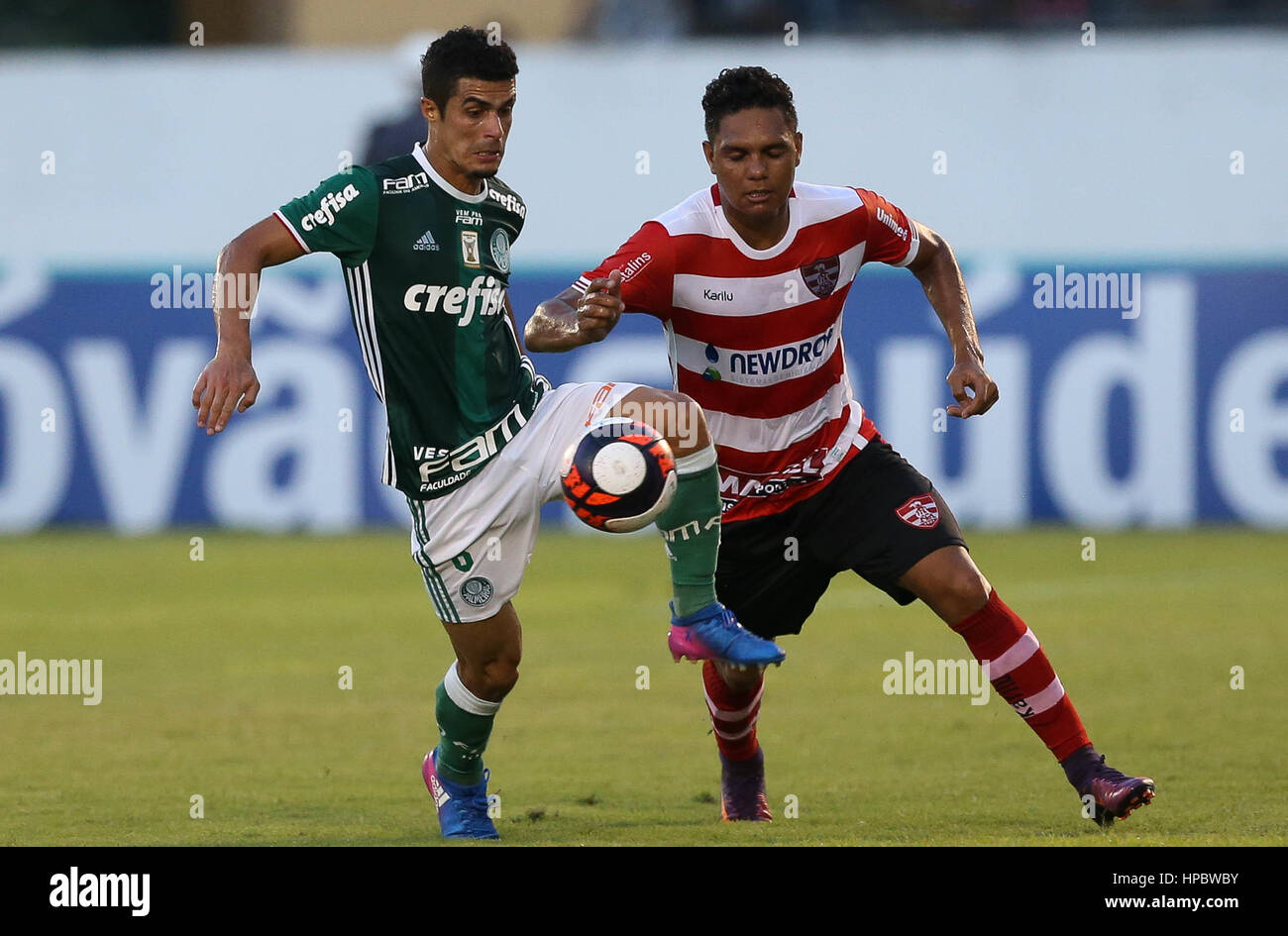Araraquara, Brazil. 19th Feb, 2017. The Egidio player, SE Palmeiras, ball dispute with the ...