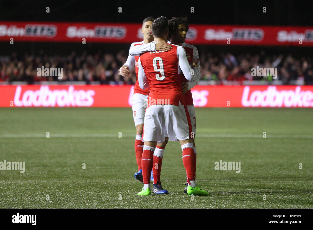 Sutton, UK. 20th Feb, 2017. Lucas of Arsenal celebrates scoring his ...