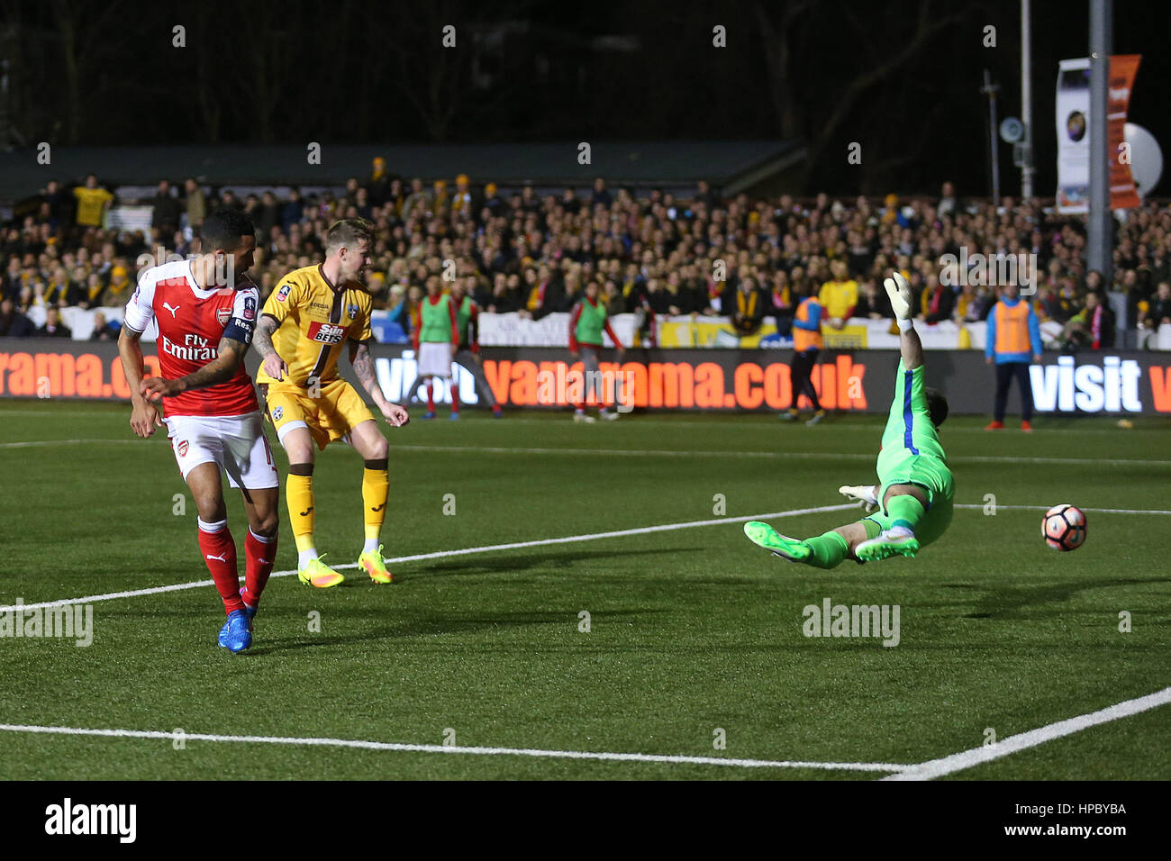 Sutton, UK. 20th Feb, 2017. Ross Worner of Sutton United dives in vain ...