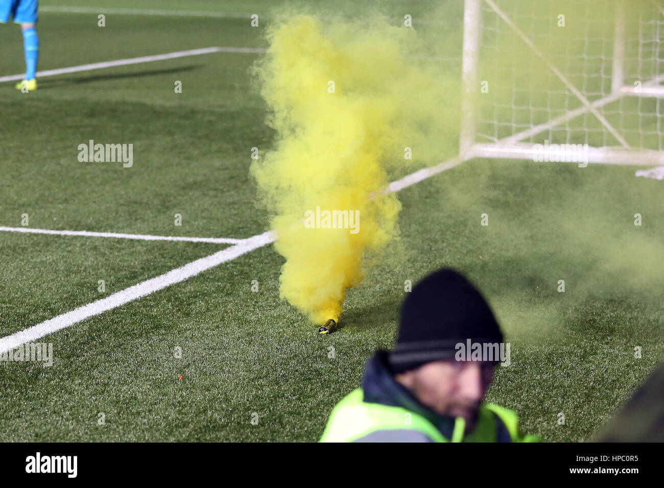 Sutton, UK. 20th Feb, 2017. The home fans let off a flare during the FA ...