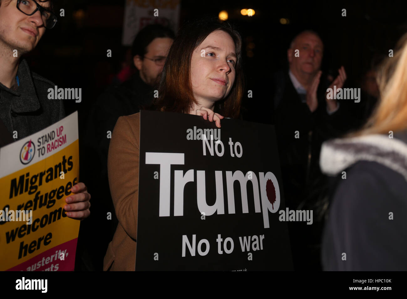 Manchester, UK. 20th Feb, 2017. A woman holding a "No to Trump" placard ...