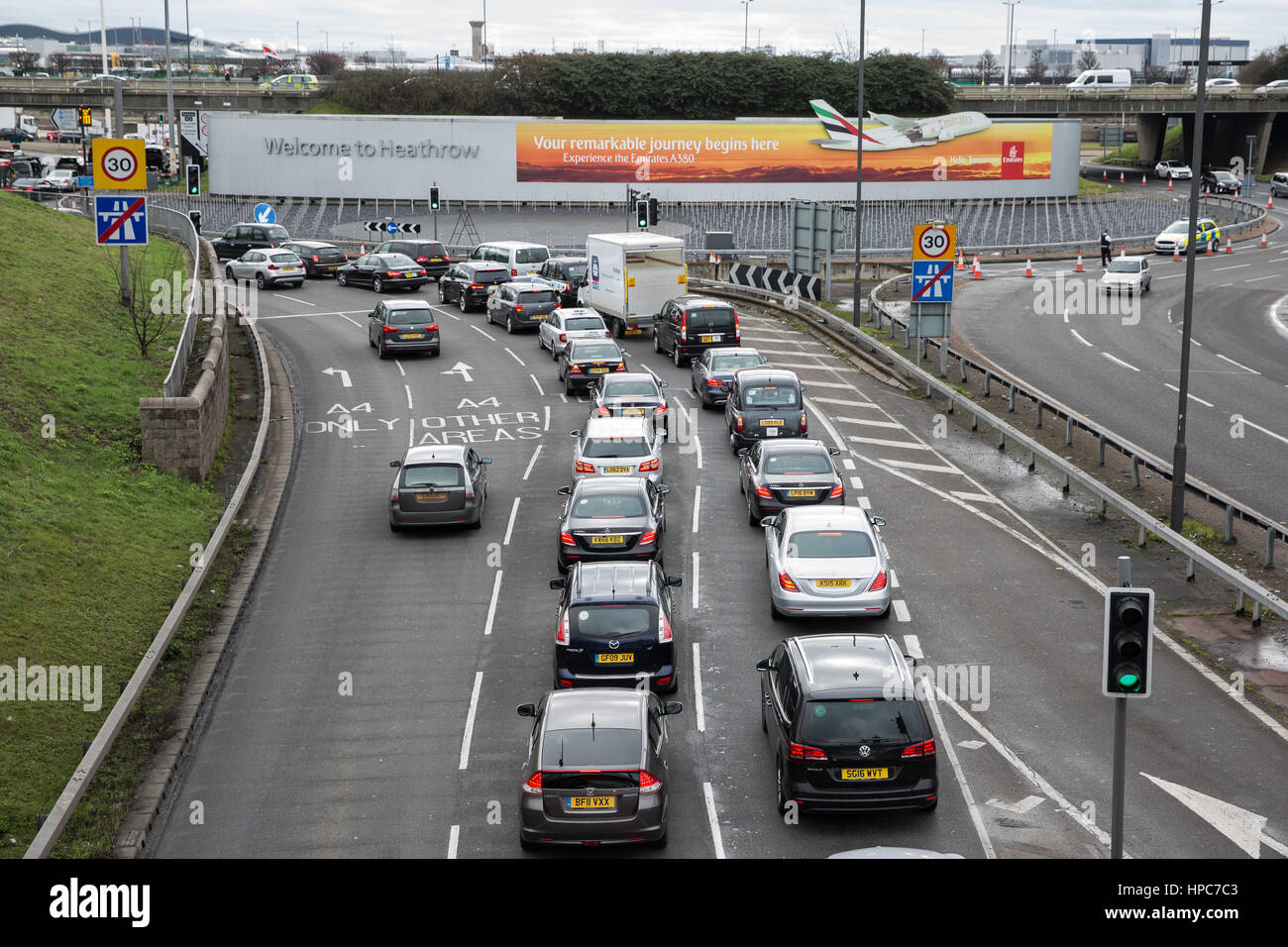 London, UK. 21st February, 2017. Traffic jams on the M4 spur leading ...