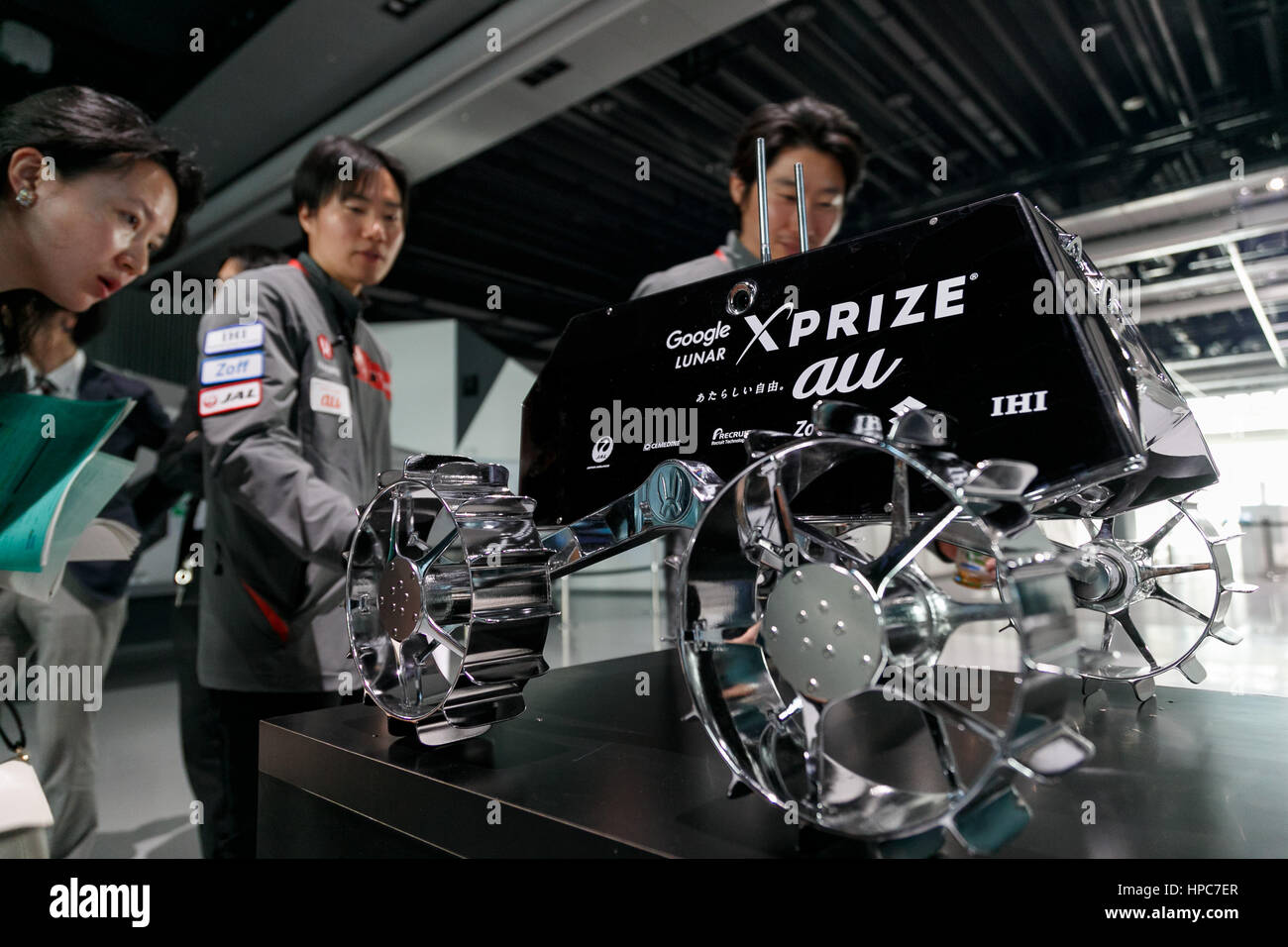 Tokyo, Japan. 21st Feb, 2017. The lunar robot SORATO on display during ...